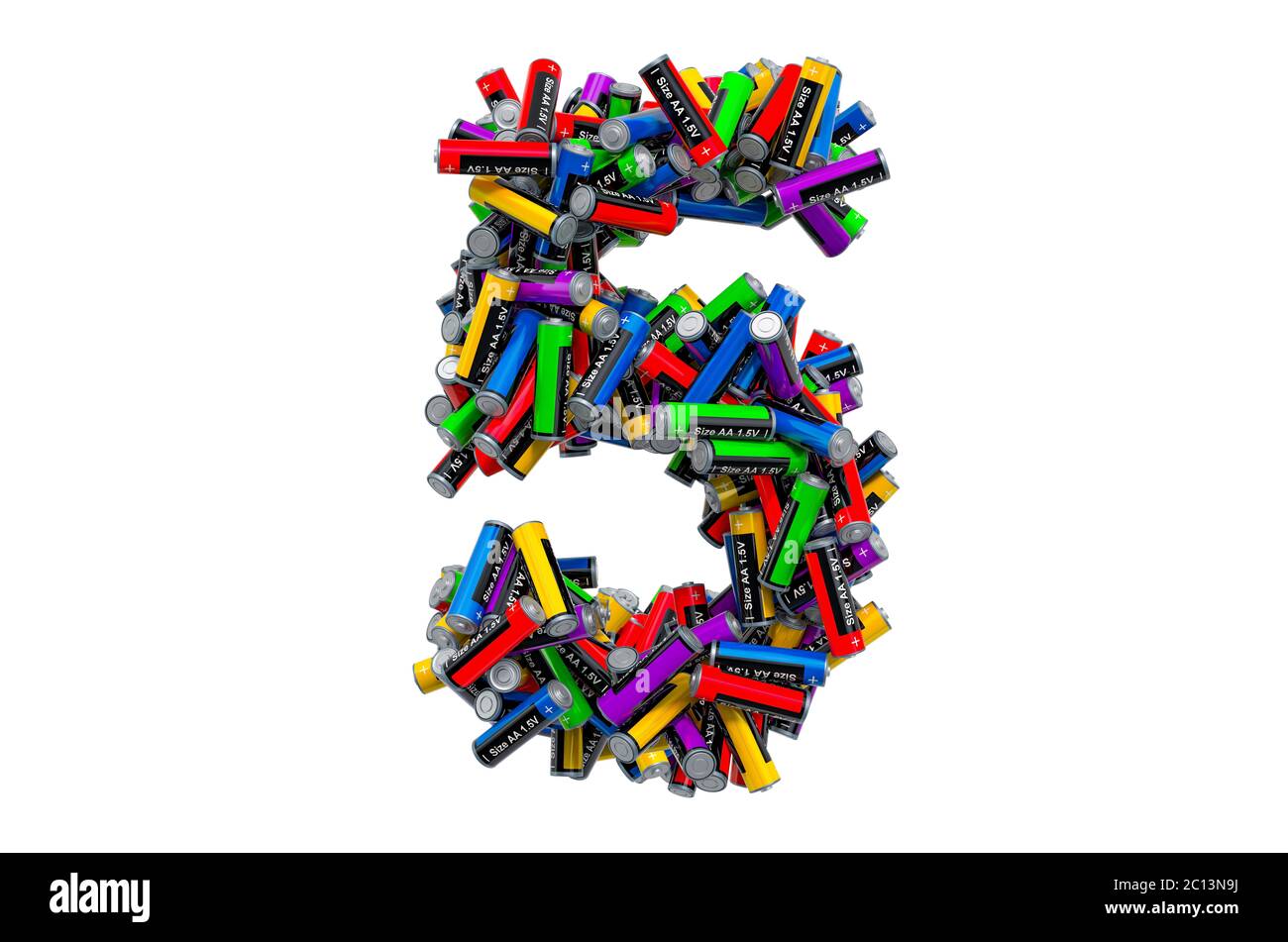Number 5 from colored AA batteries, 3D rendering isolated on white ...