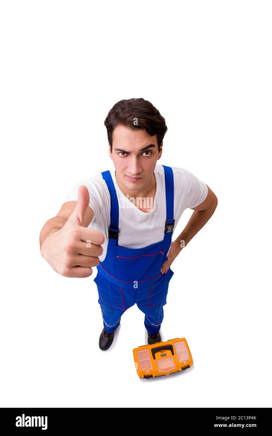 Funny repairman with tools isolated on white Stock Photo - Alamy