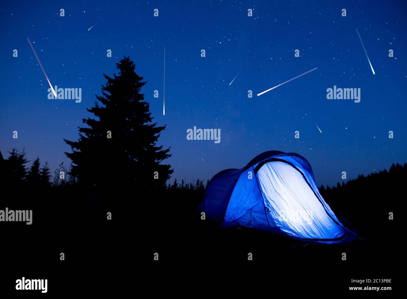Blue tent night sky pine tree Stock Photo - Alamy