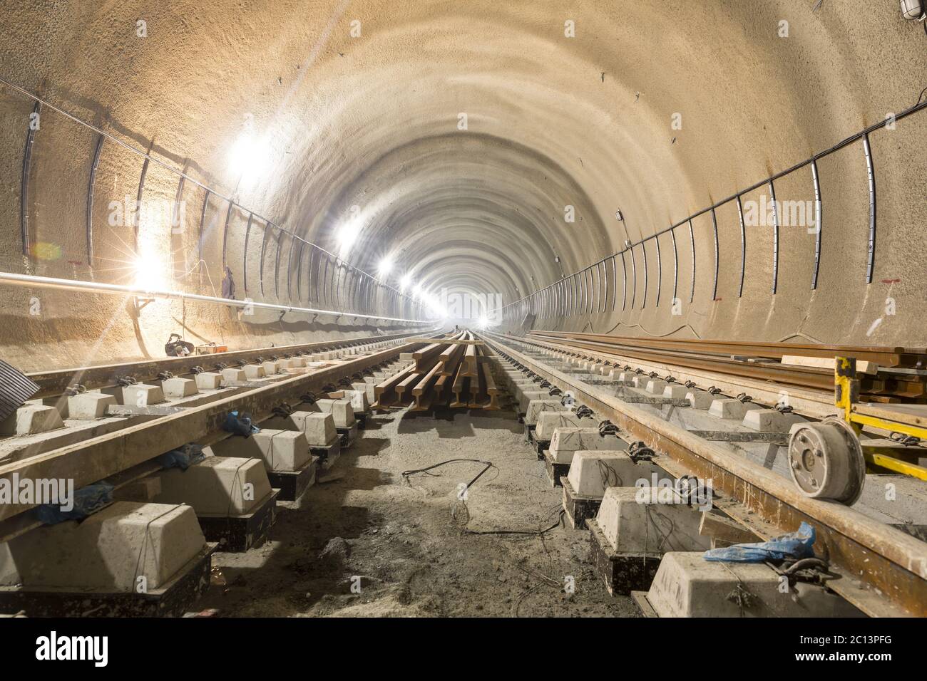 Subway rails during tunnel construction sleepers Stock Photo - Alamy