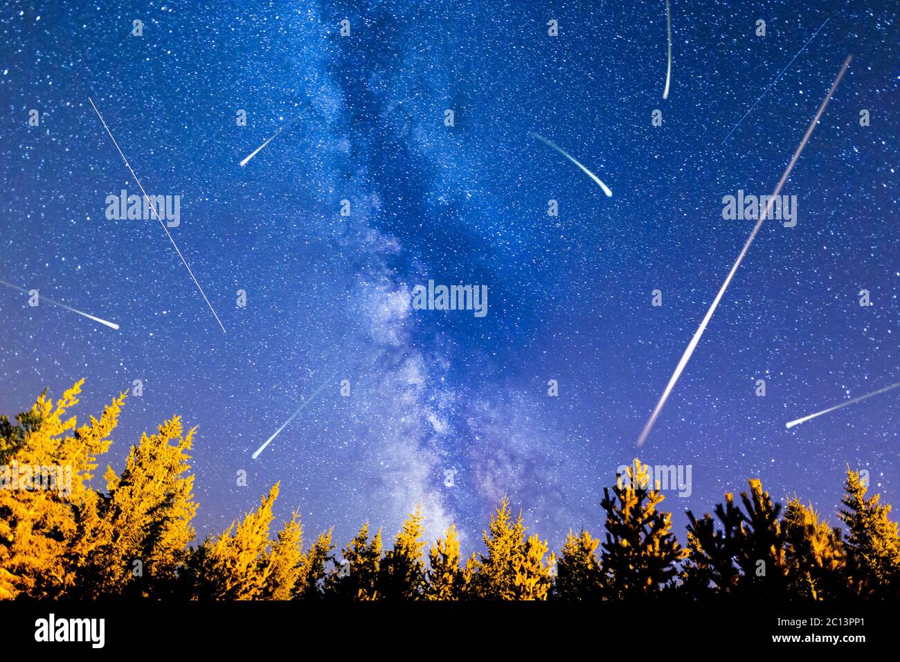Falling stars pine trees Milky Way Stock Photo - Alamy