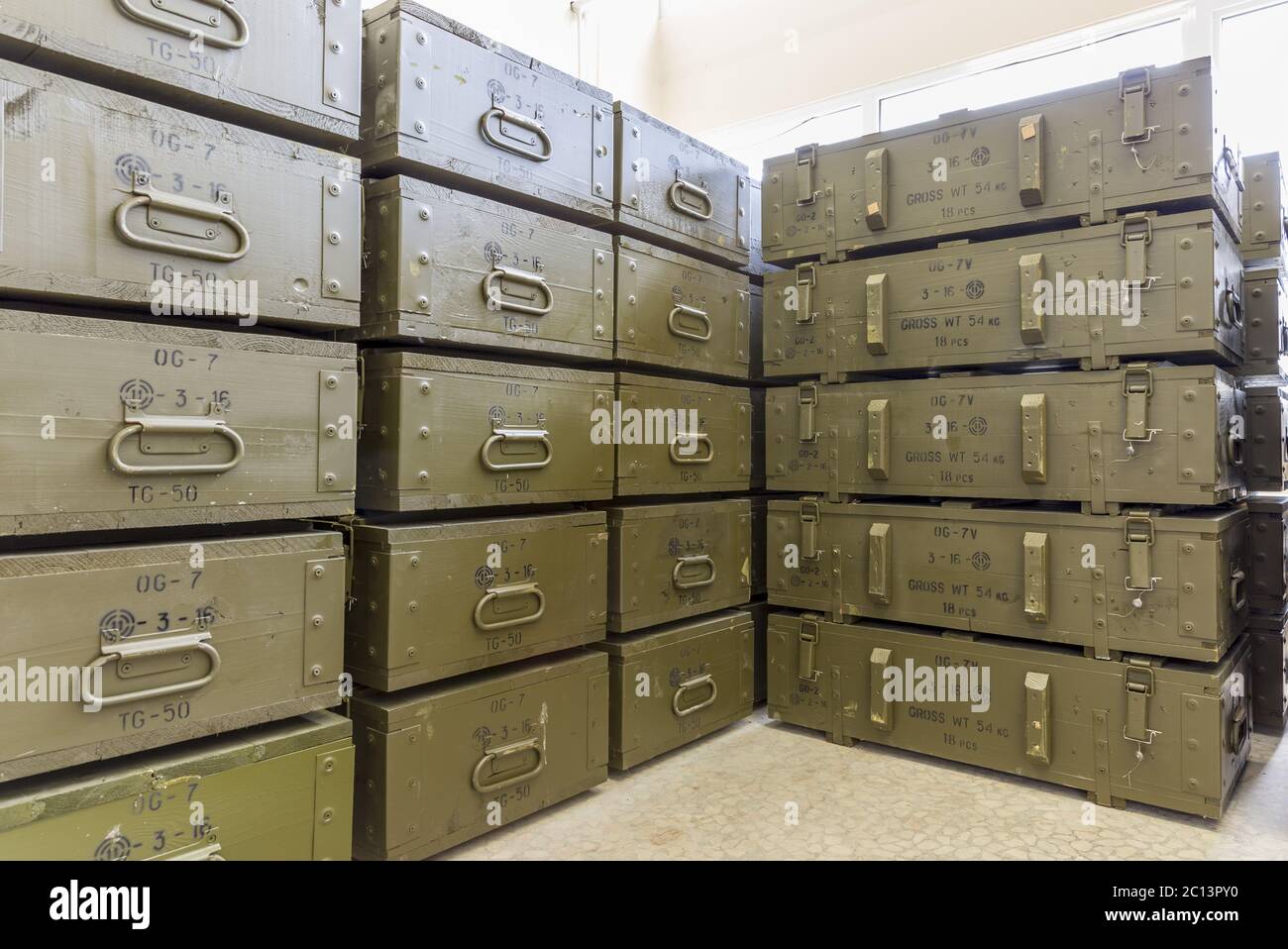 Green ammunition boxes with rocket-propelled grenades (RPG Stock Photo ...