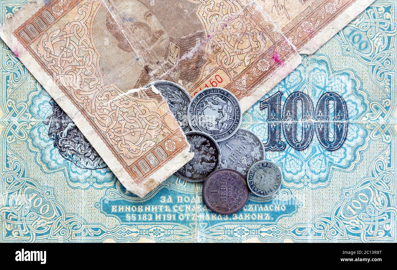 Old expired coins and banknotes. Bulgarian coins and silver coins Stock ...