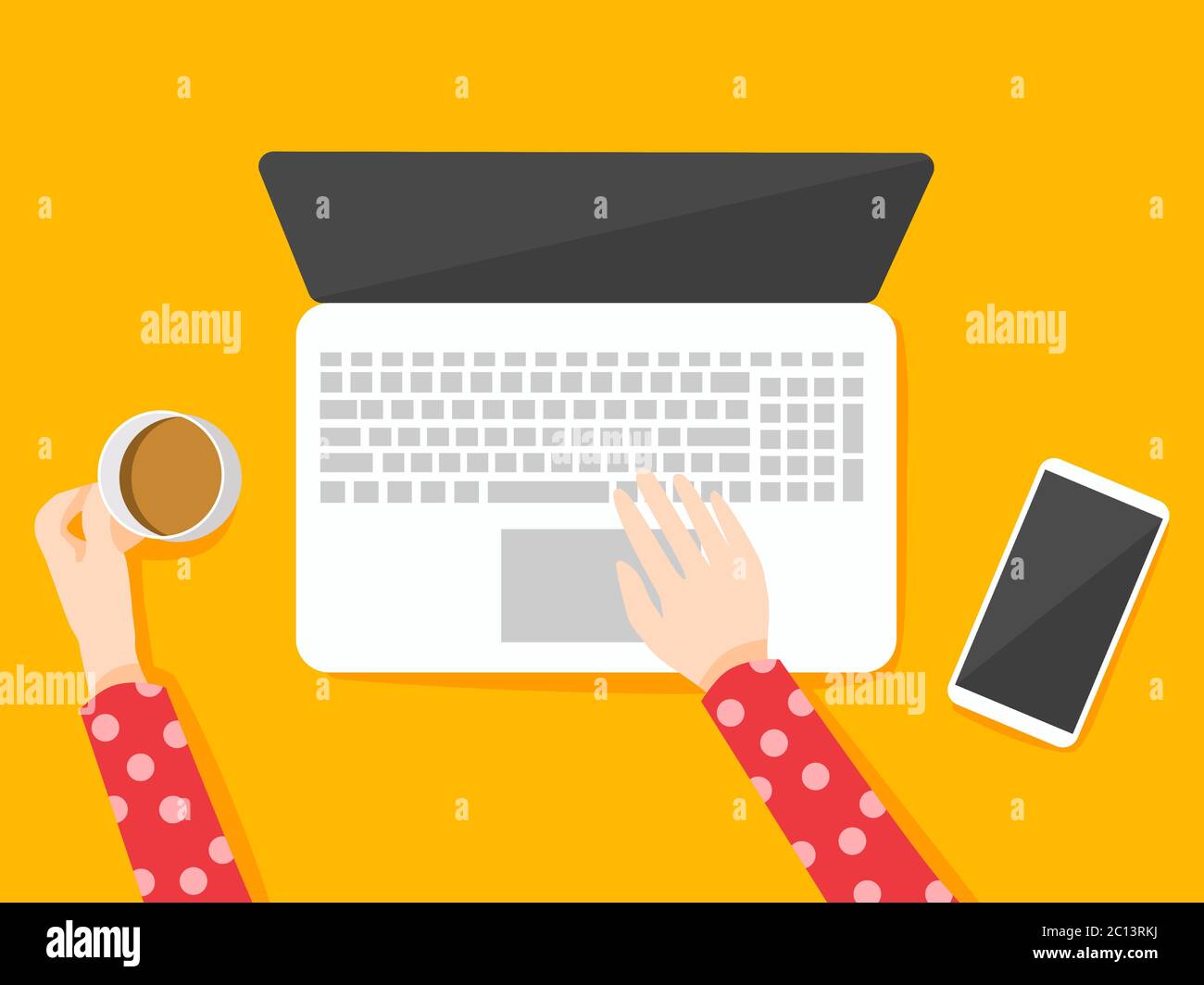 Hands holding coffee cup working on computer and smartphone, work from ...