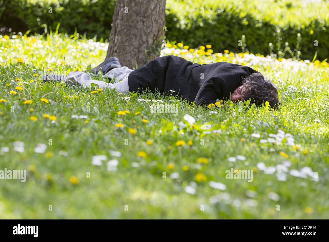 Homeless person lying in grass hi-res stock photography and images - Alamy