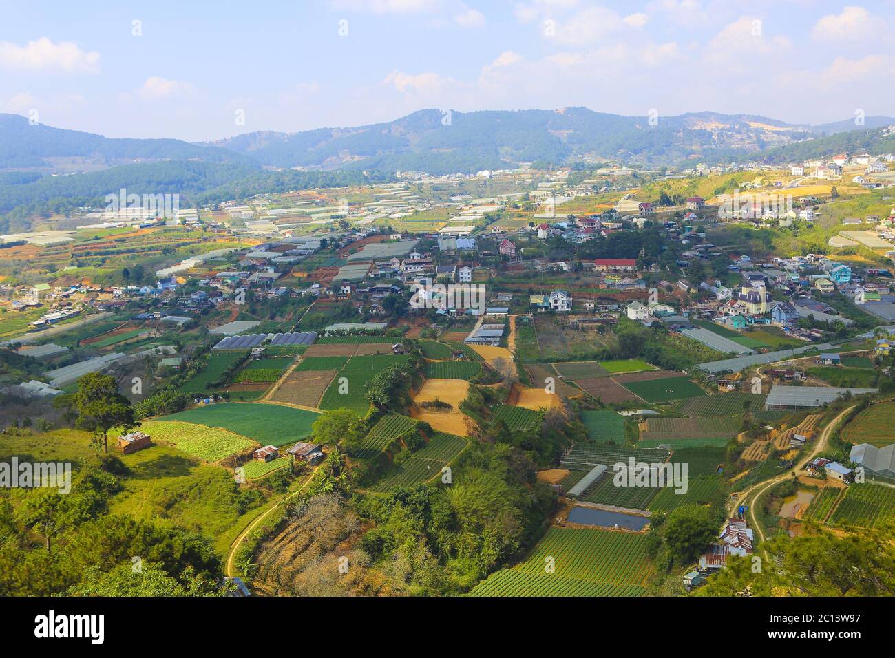 Beautiful view of Da Lat city (Dalat) on the blue sky background in ...