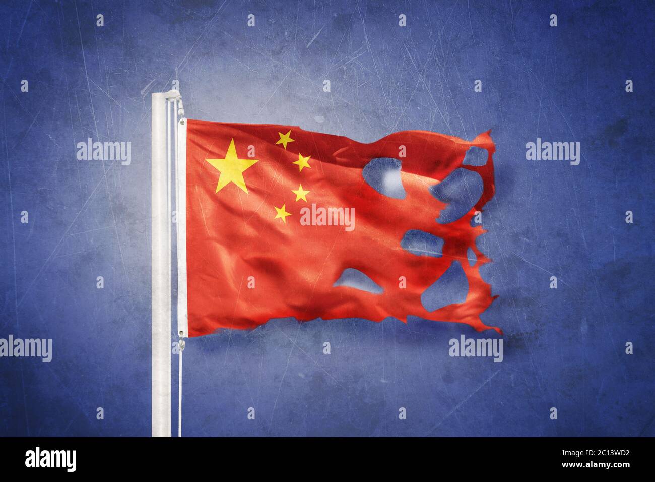 Torn flag of China flying against grunge background Stock Photo - Alamy