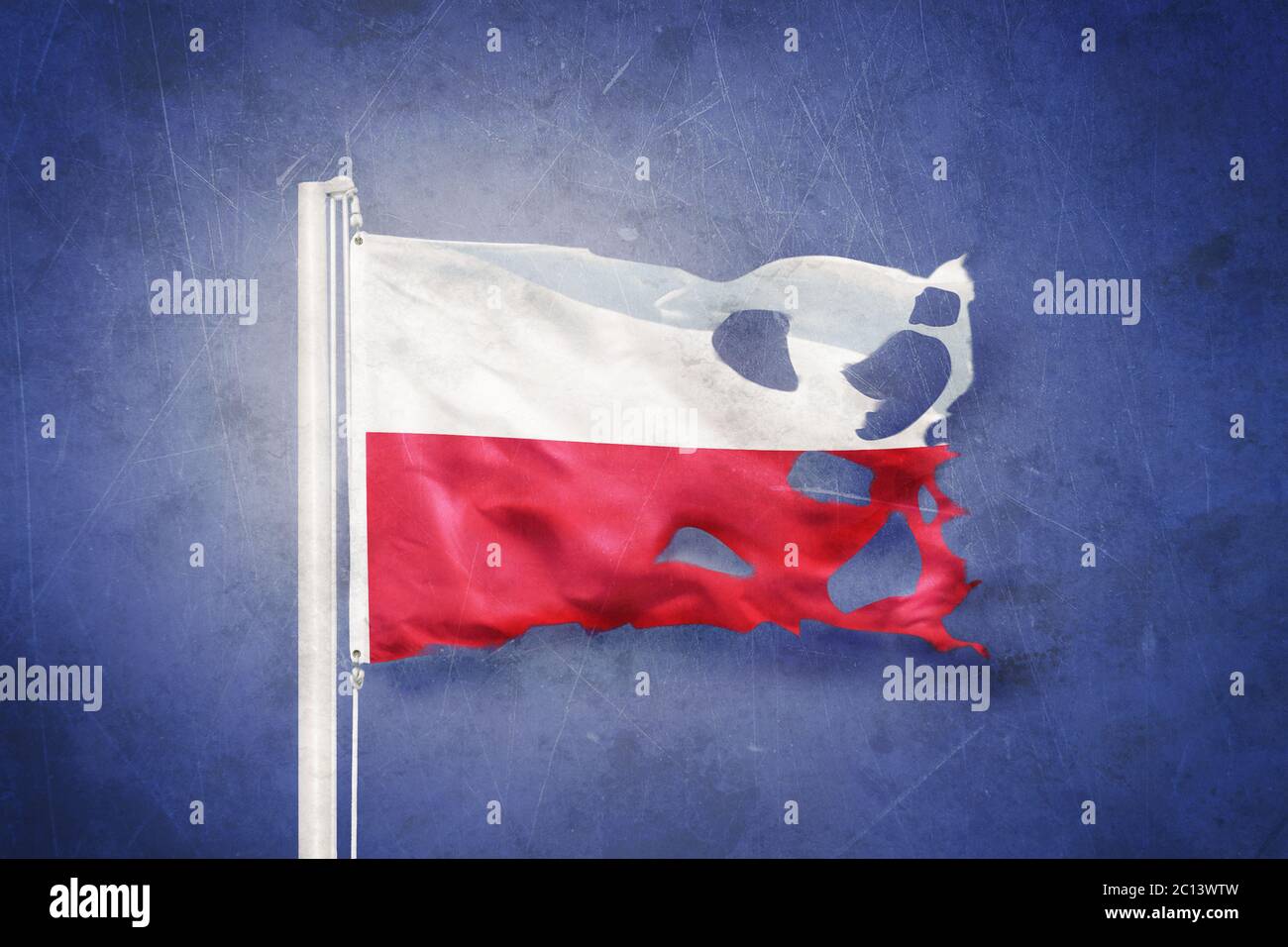 Torn flag of Poland flying against grunge background Stock Photo - Alamy