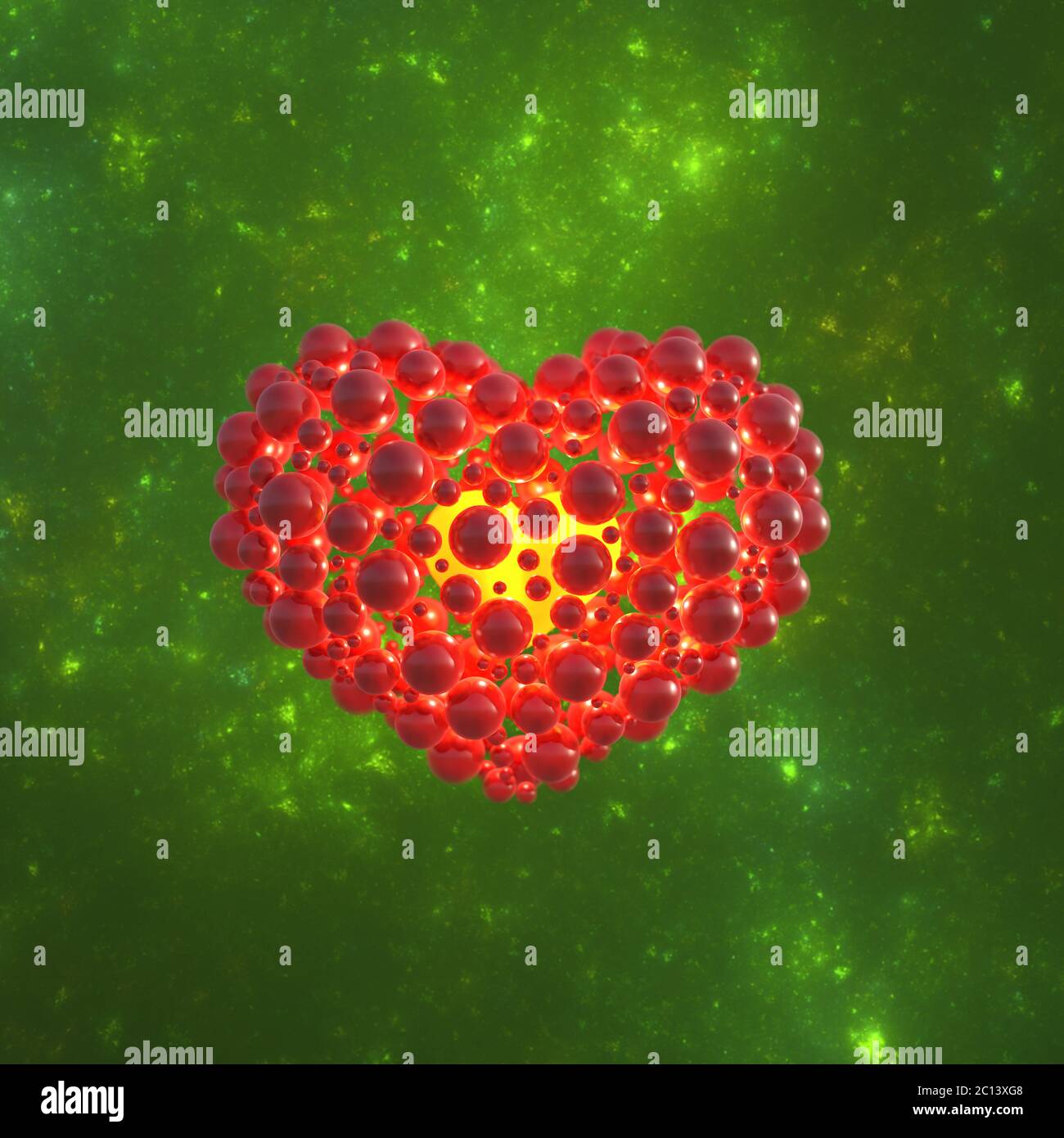 Red heart made of spheres with reflections isolated on green space ...