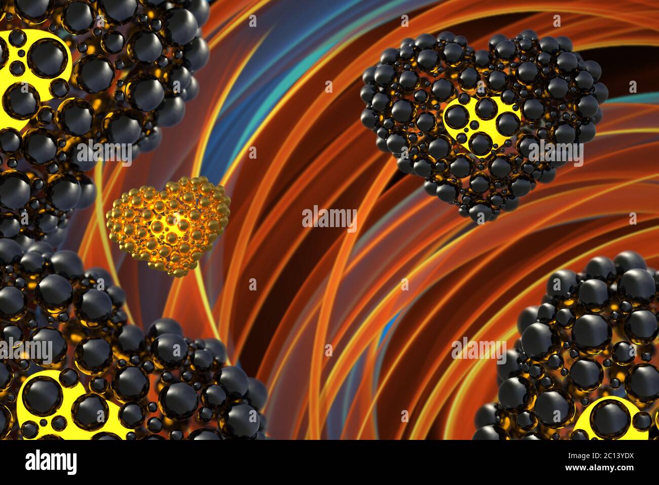 black heart made of spheres with reflections isolated on orange flame ...