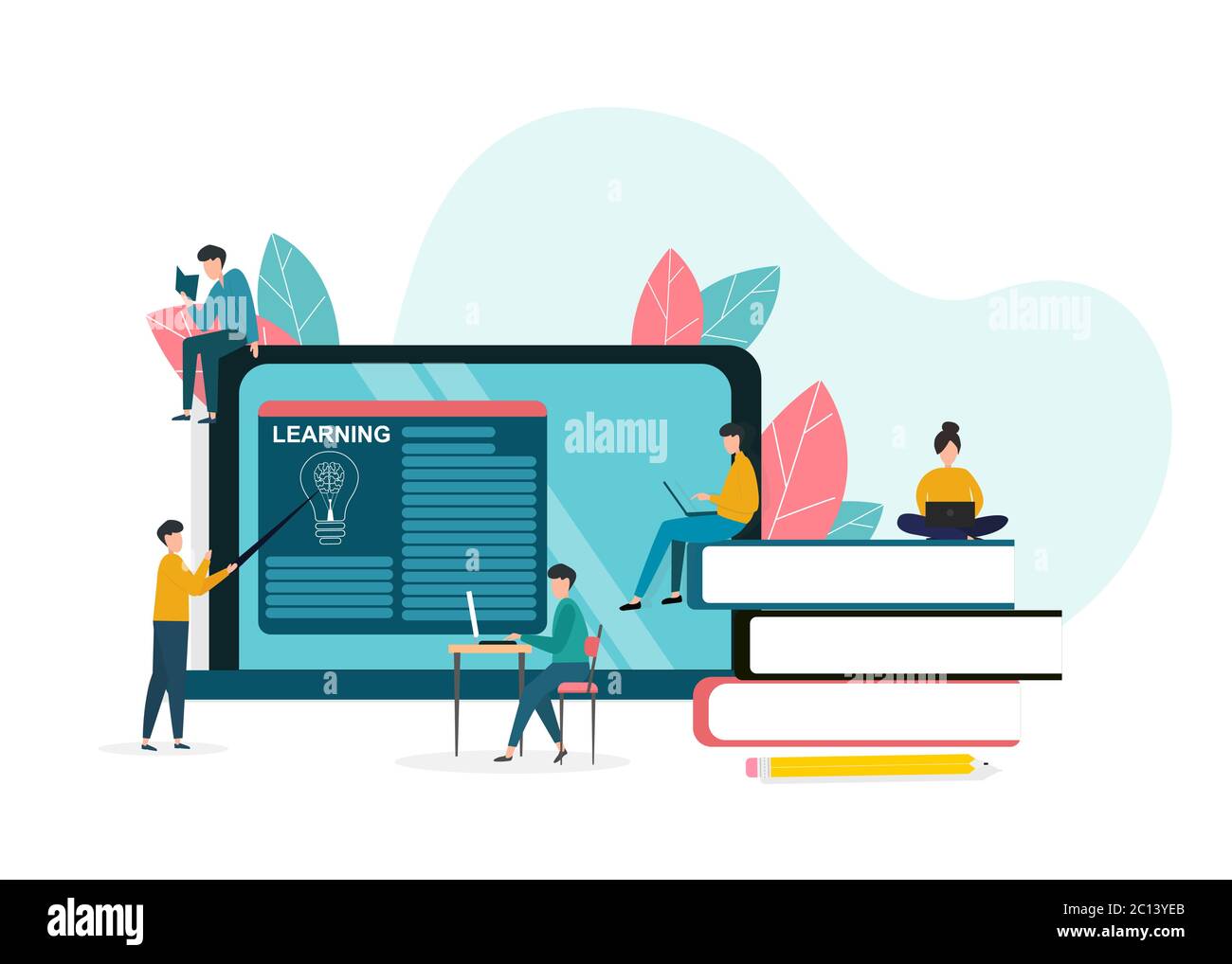 People with gadgets and teacher pointing at tablet screen on white ...