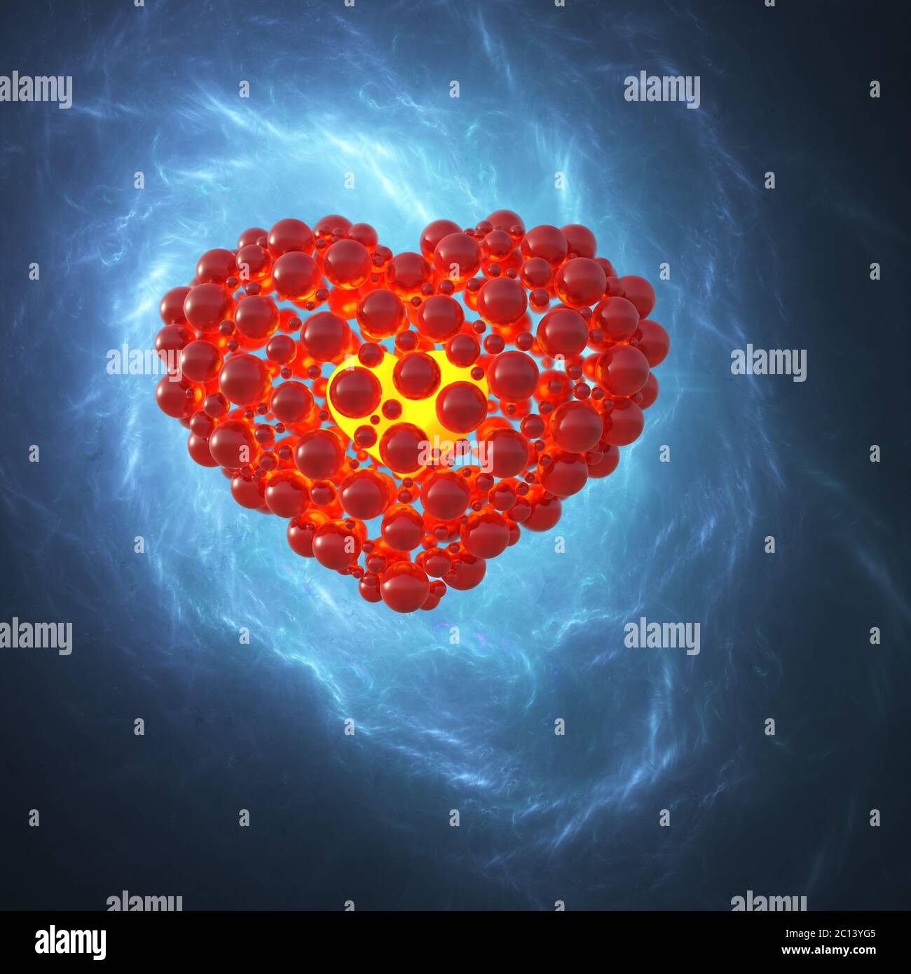Red heart made of spheres with reflections isolated on blue galaxy ...
