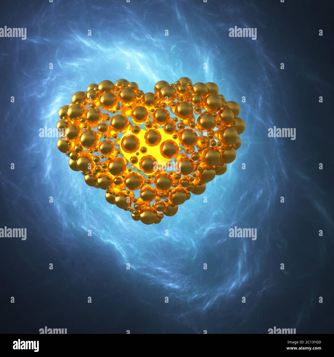 golden metal heart made of spheres with reflections isolated on blue ...