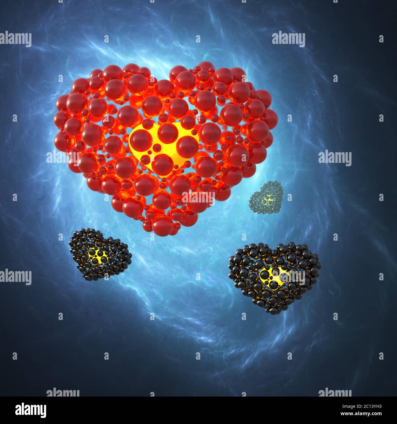 Red heart made of spheres with reflections isolated on blue galaxy ...