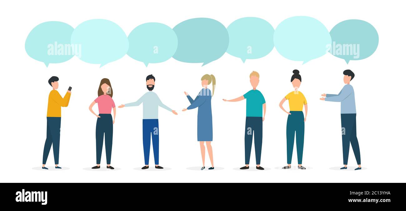 People with speech bubbles debating problem on white background, space ...