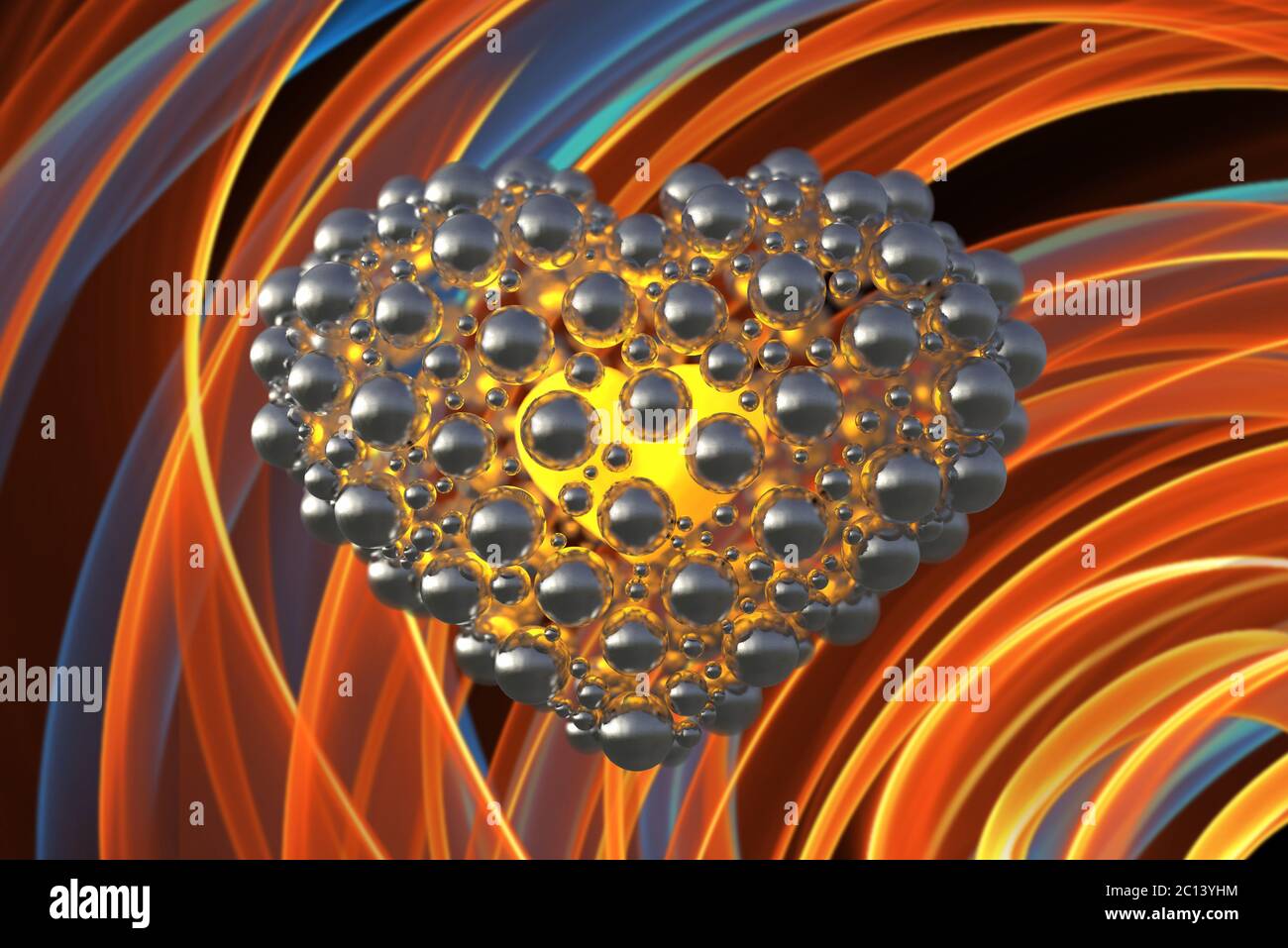 metal gold heart made of spheres with reflections isolated on orange ...