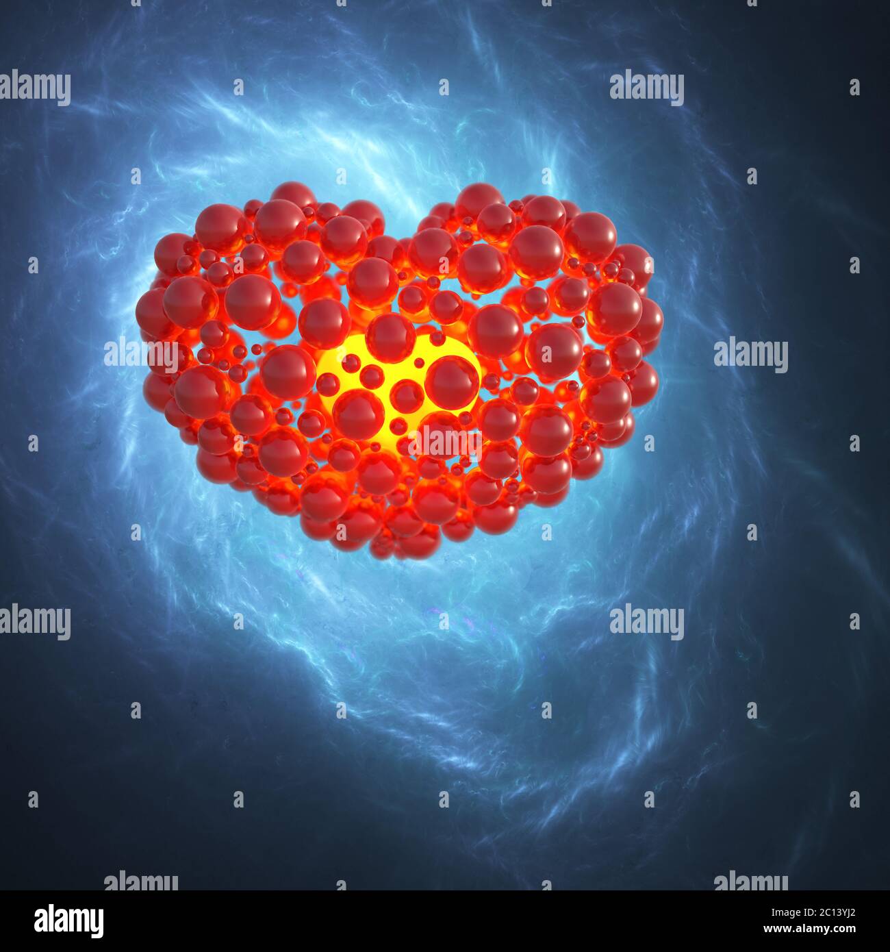 Red heart made of spheres with reflections isolated on blue galaxy ...