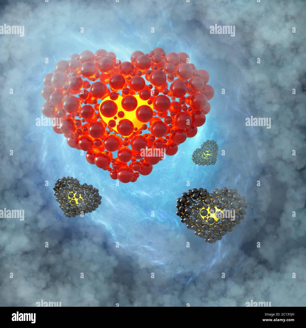 Red heart made of spheres with reflections isolated on blue galaxy ...