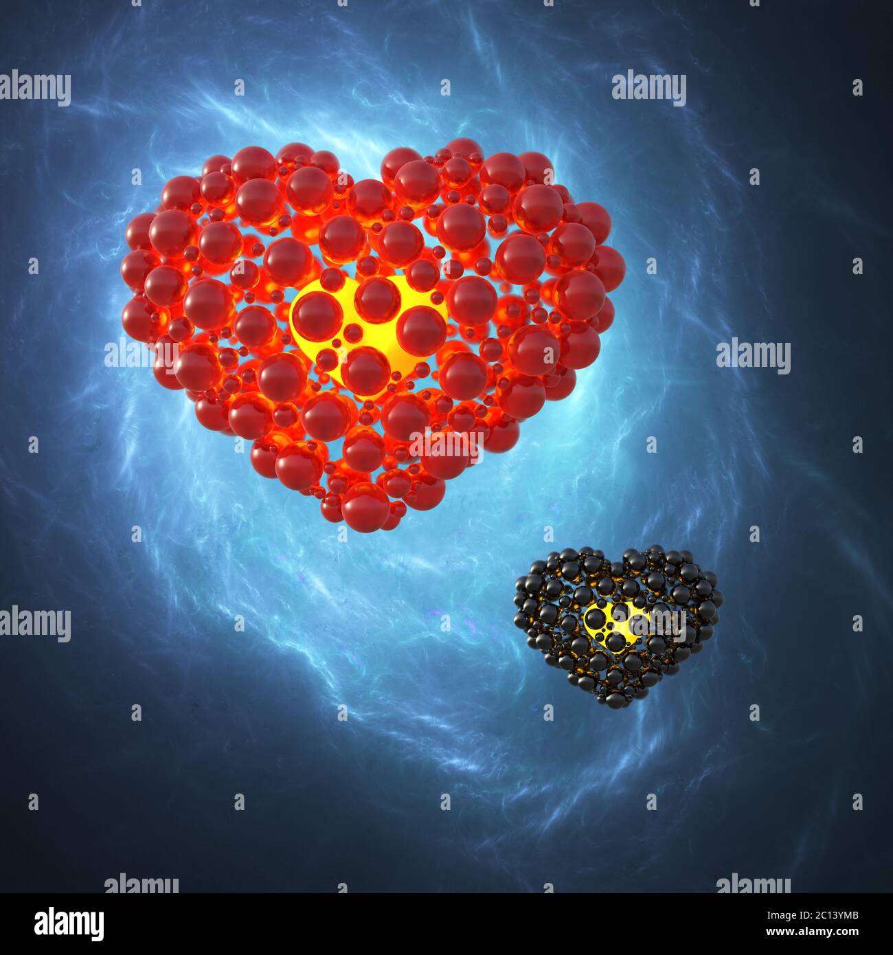 Red heart made of spheres with reflections isolated on blue galaxy ...