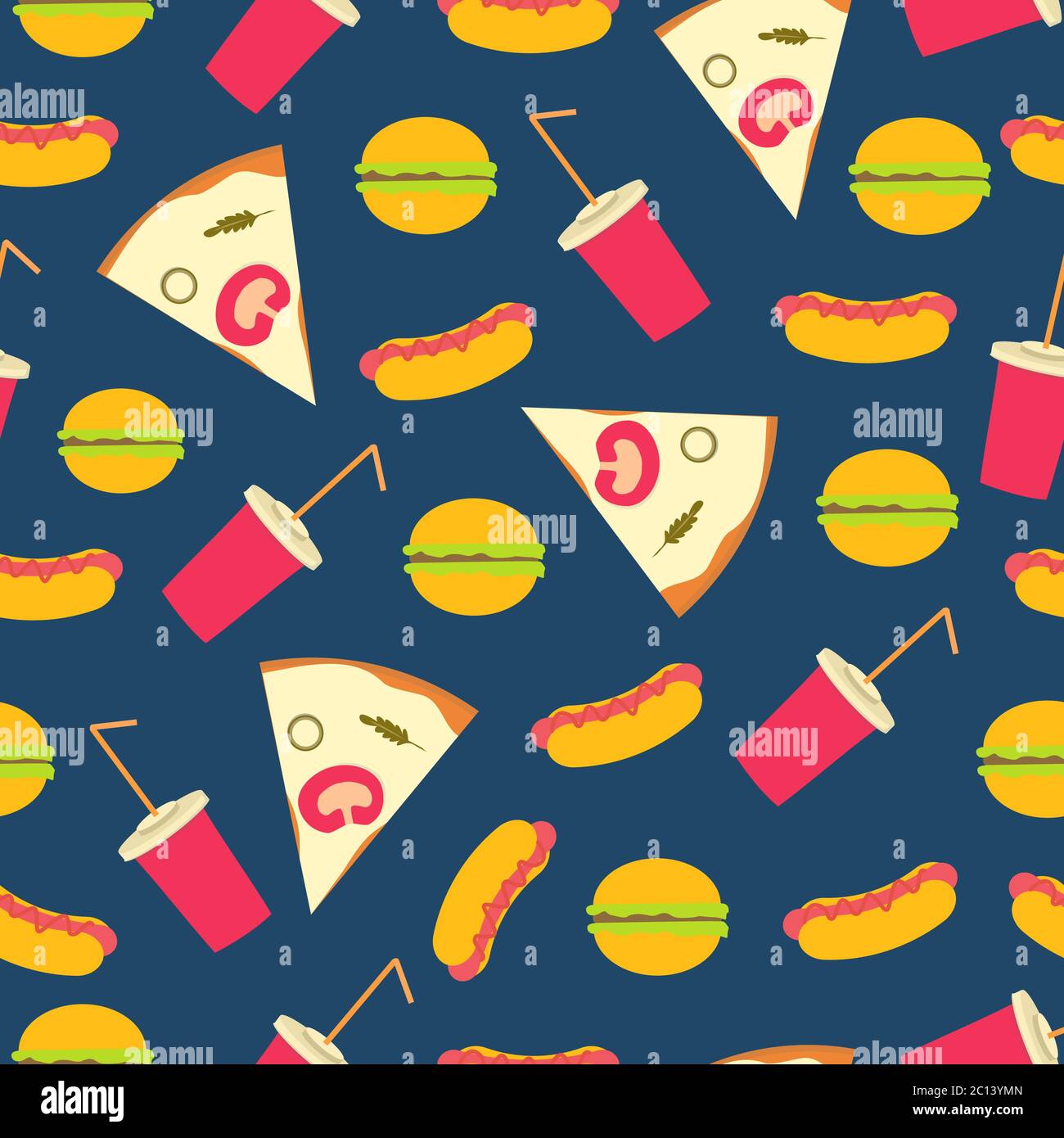 Fast food and soda drinks on blue background, flat style vector ...