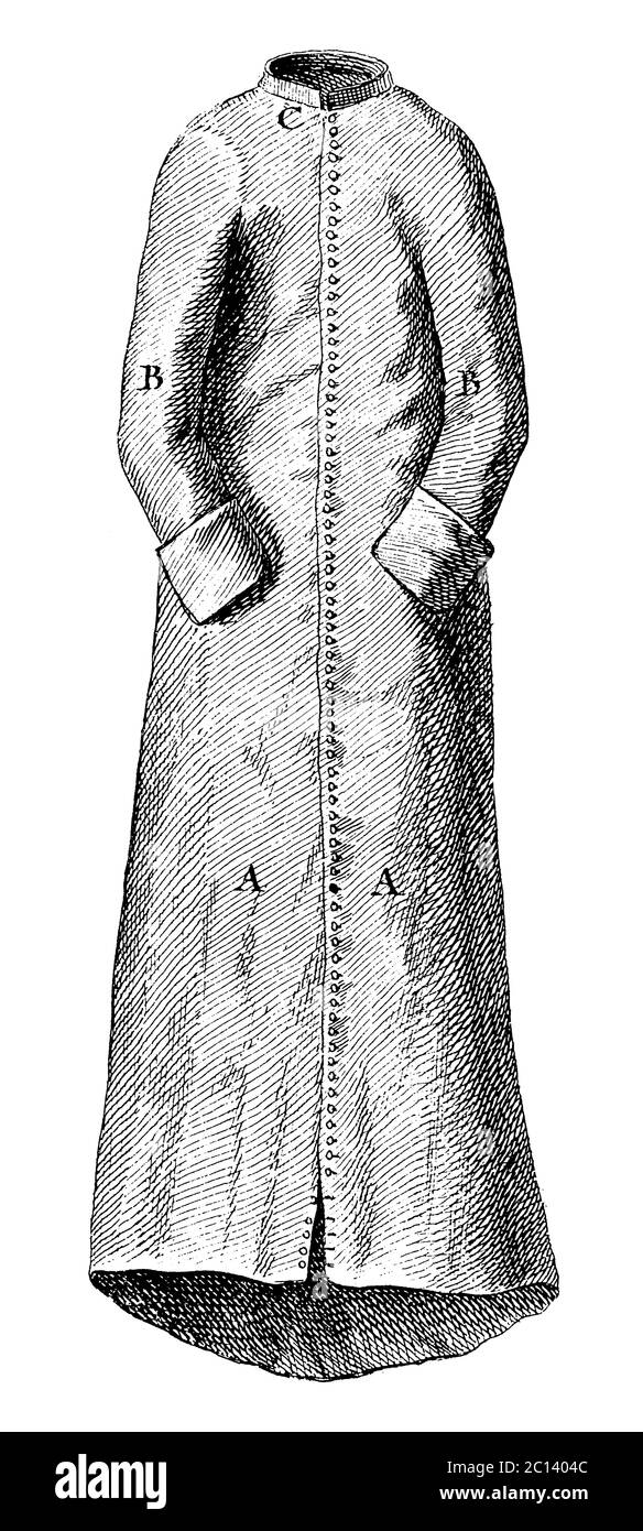 18th century illustration of priest garb: cassock. Published in "A ...