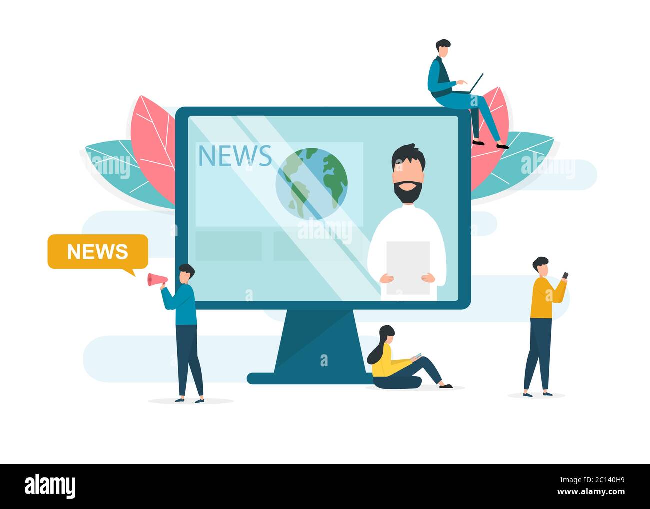 People using gadgets around TV with news broadcast on screen, white ...