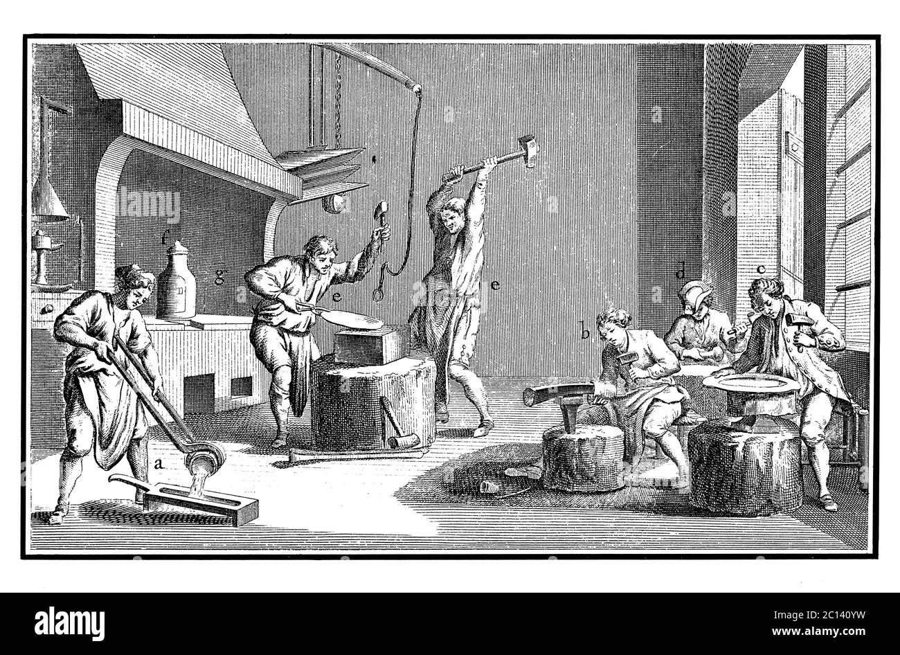 18th century illustration representing processes in a goldsmith ...