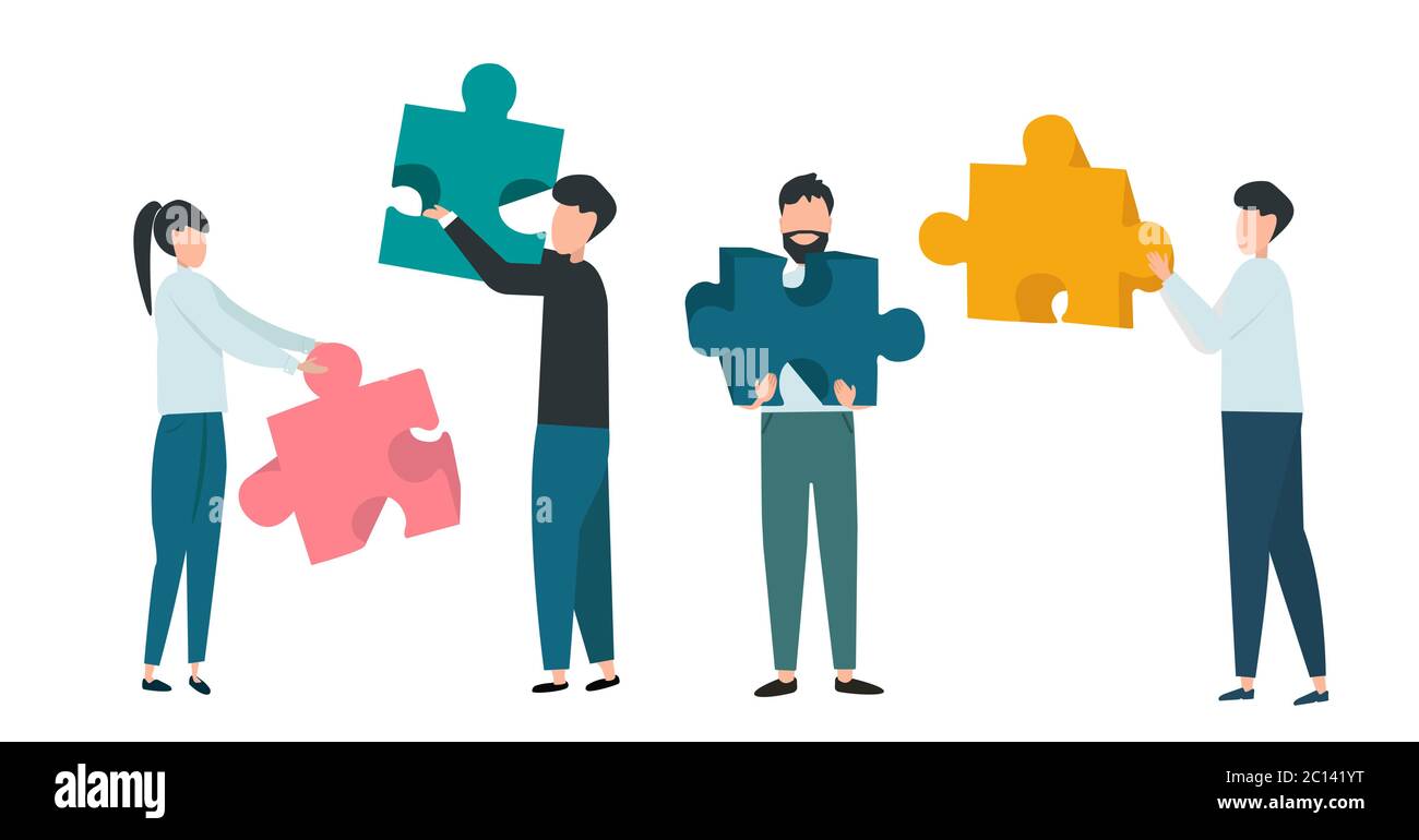 Collective work. Business team holding jigsaw puzzle pieces on white ...