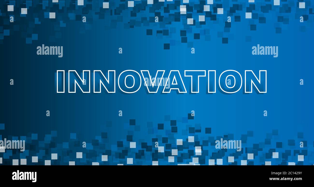 Vector illustration with word INNOVATION on blue background with ...
