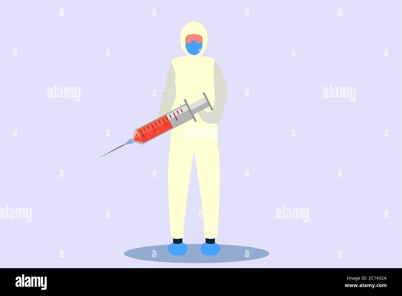 Doctor wearing hazmat holding injection concept. Vaccine vector ...