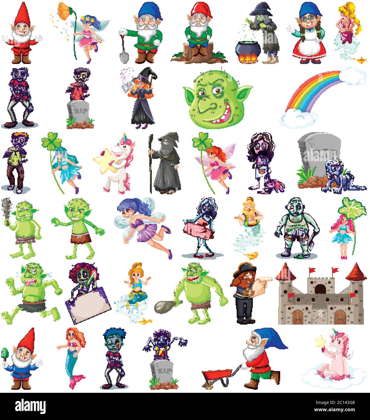 Set of fantasy cartoon characters and fantasy theme isolated on white ...