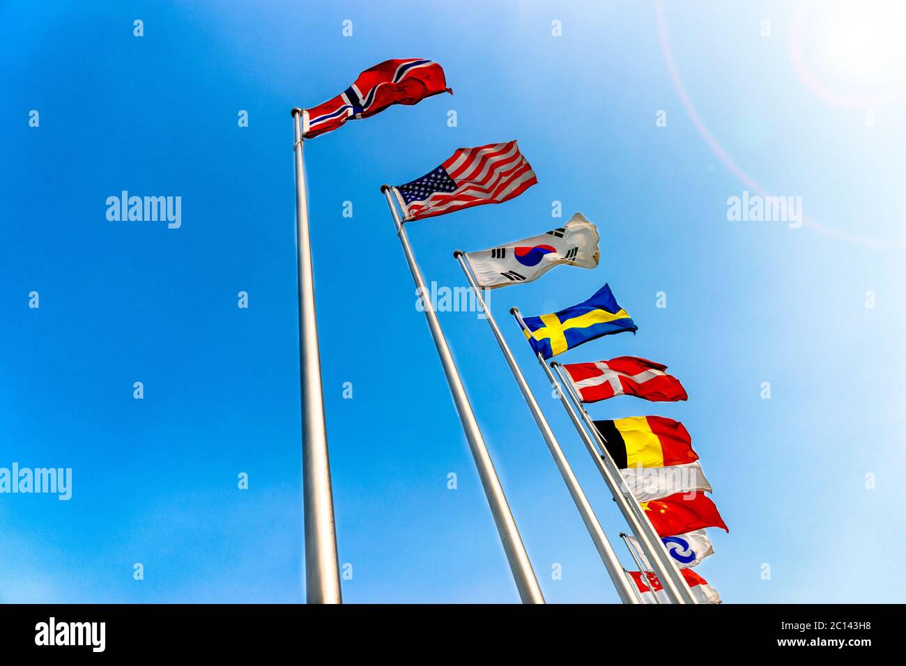 national flags flying in wind Stock Photo - Alamy