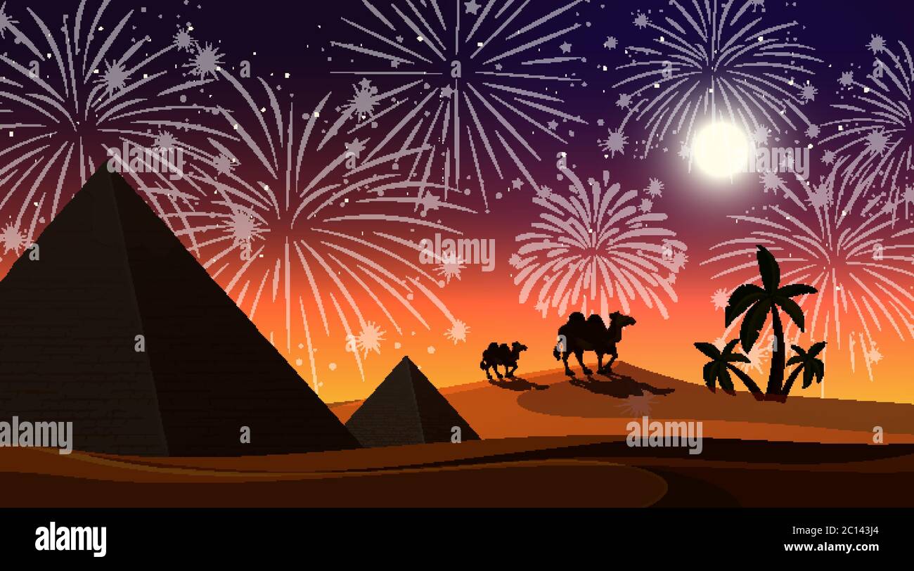 Desert with celebration fireworks scene illustration Stock Vector Image ...