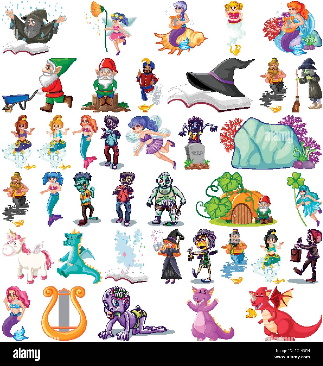 Set of fantasy cartoon characters and fantasy theme isolated on white ...