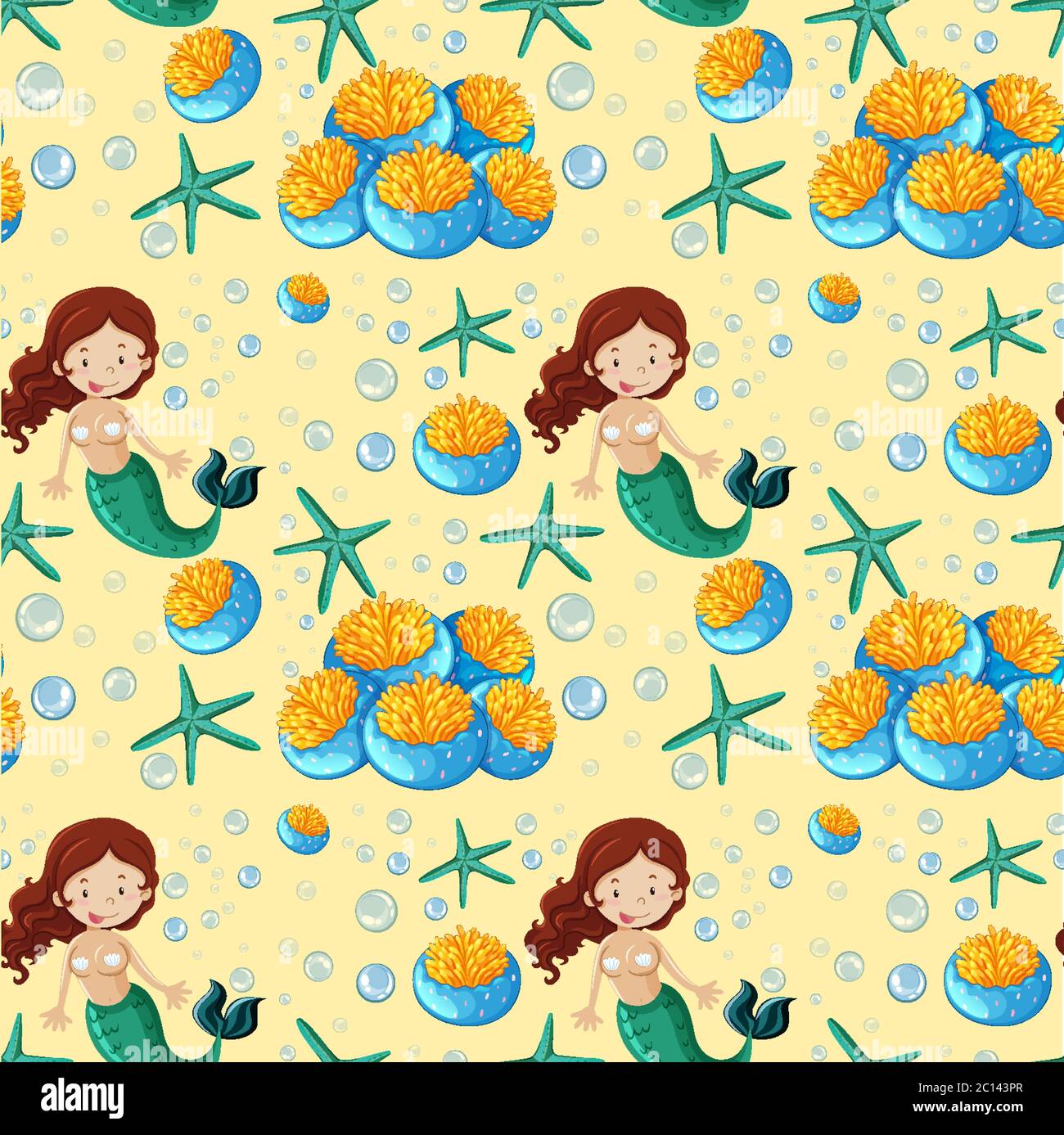 Seamless mermaid and sea animal cartoon style on yellow background ...