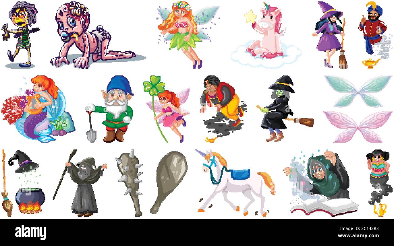 Set of fantasy cartoon characters and fantasy theme isolated on white ...
