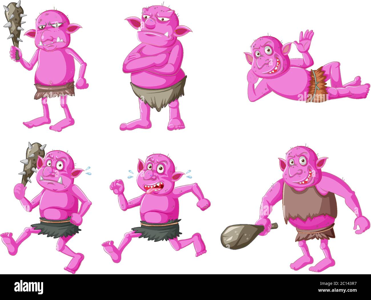 Set of pink goblin or troll in different poses in cartoon character ...