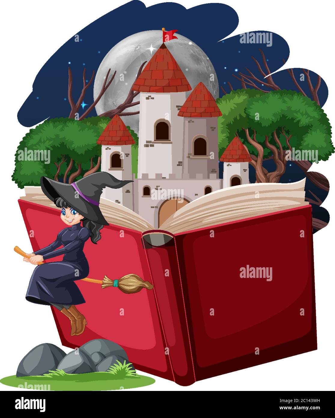 Witch And Castle Tower With Pop Up Book Cartoon Style On White