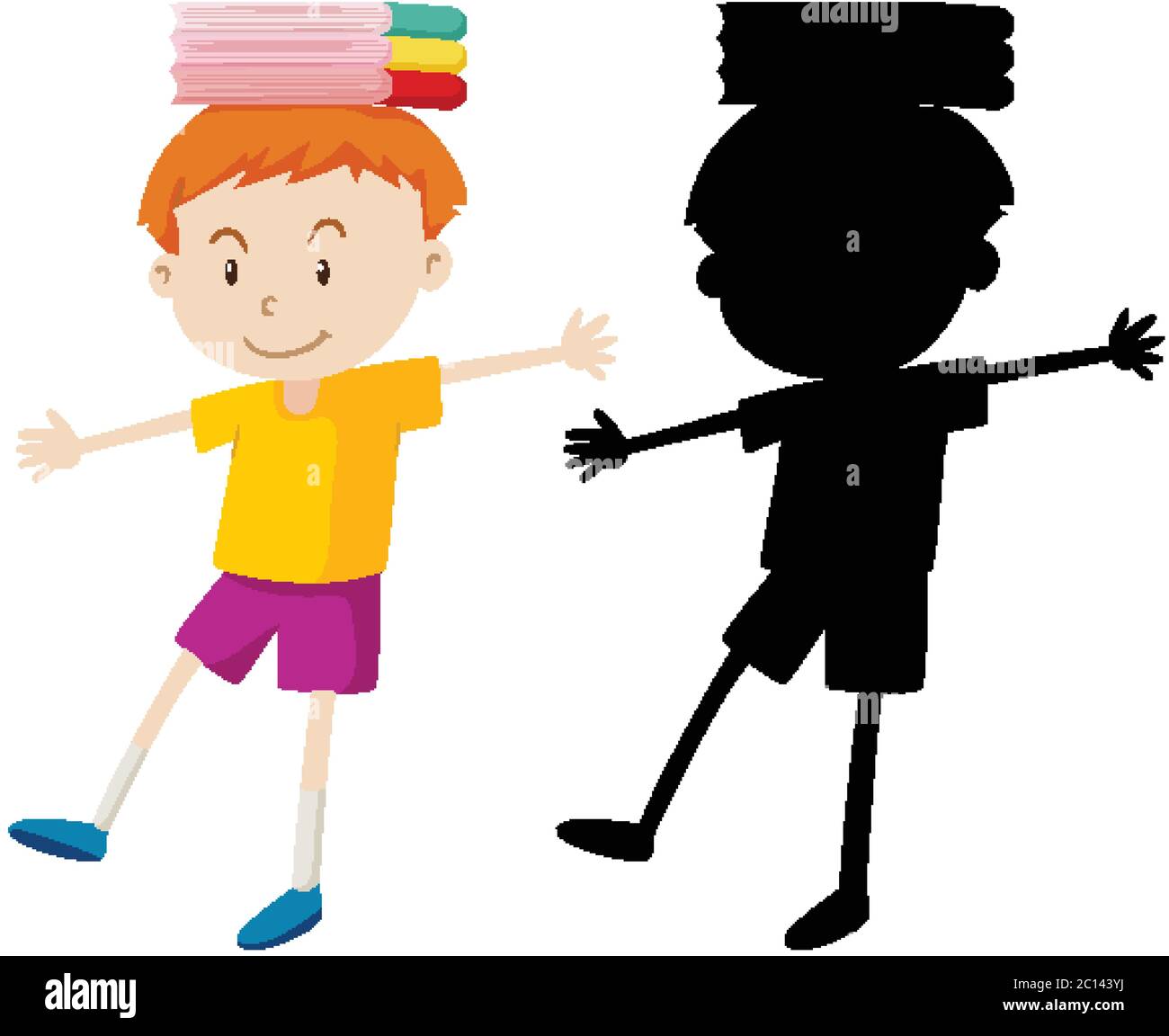 Boy balancing books on his head in color and silhouette illustration ...