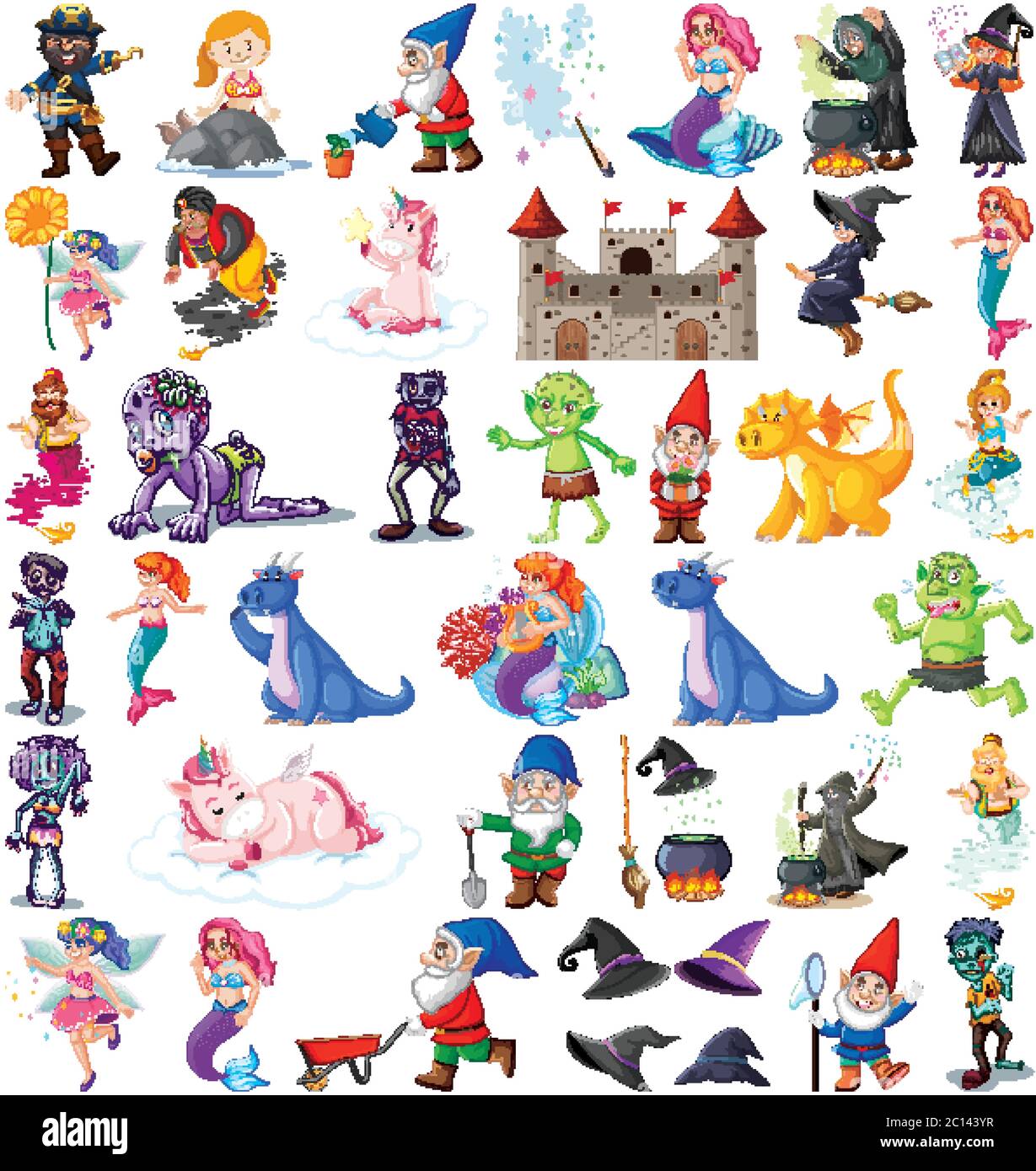 Set of fantasy cartoon characters and fantasy theme isolated on white ...