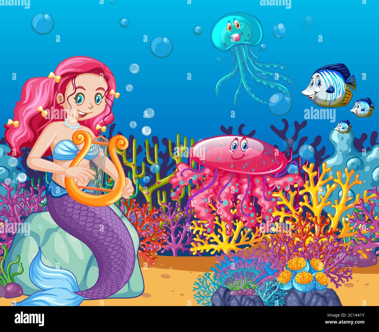 Set of sea animals and mermaid cartoon style on sea background ...