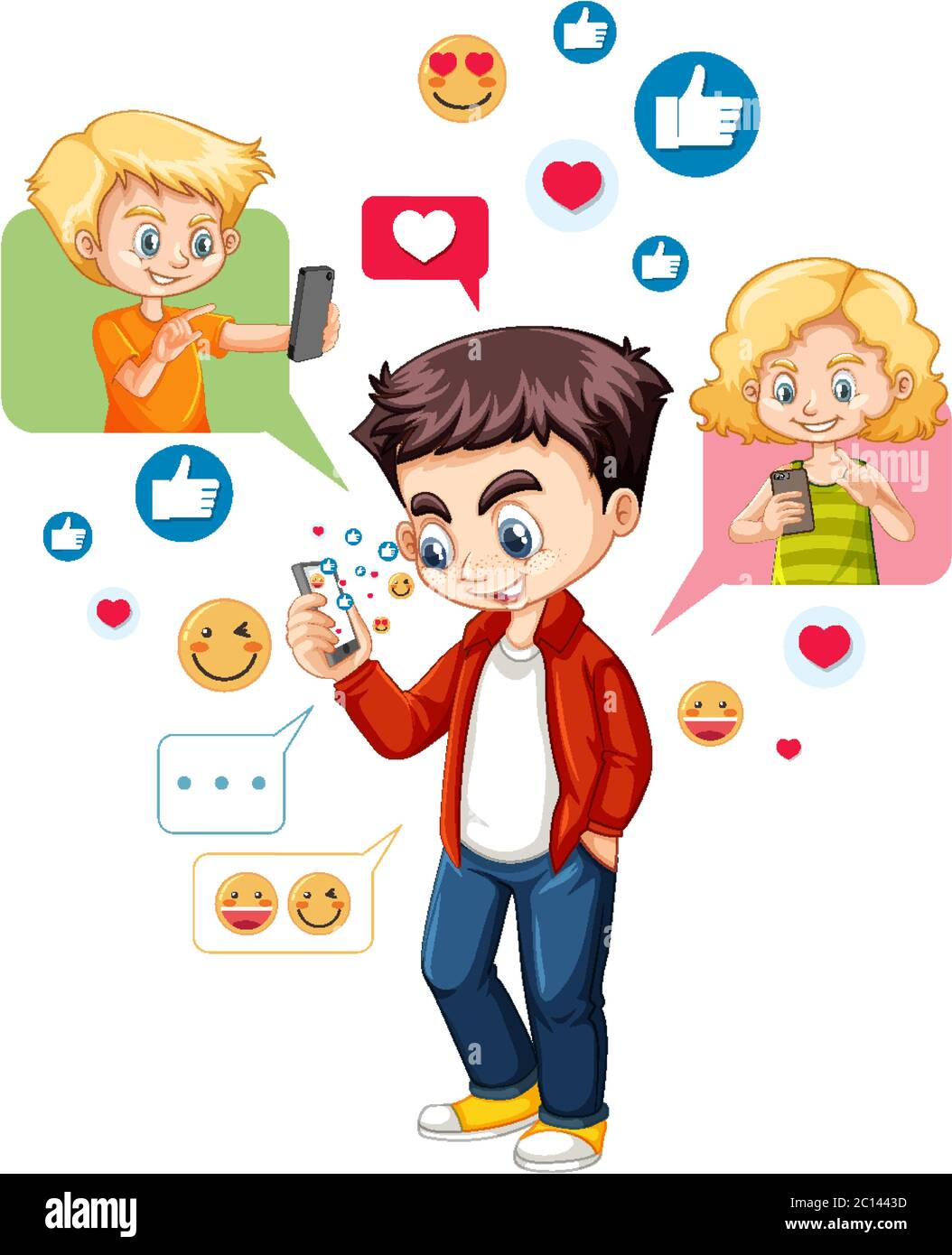 Boy using smart phone with social media icon theme isolated on white ...