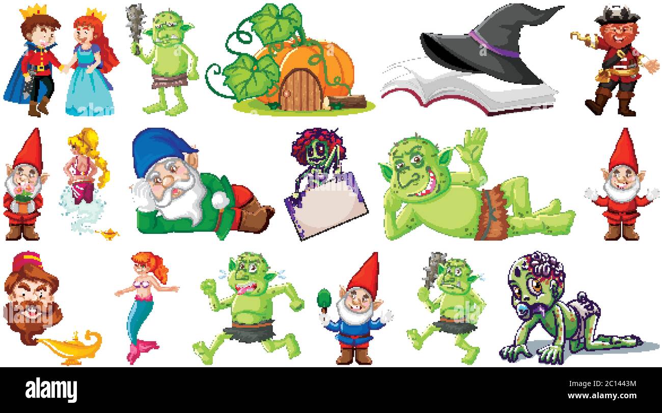 Set of fantasy cartoon characters and fantasy theme isolated on white ...