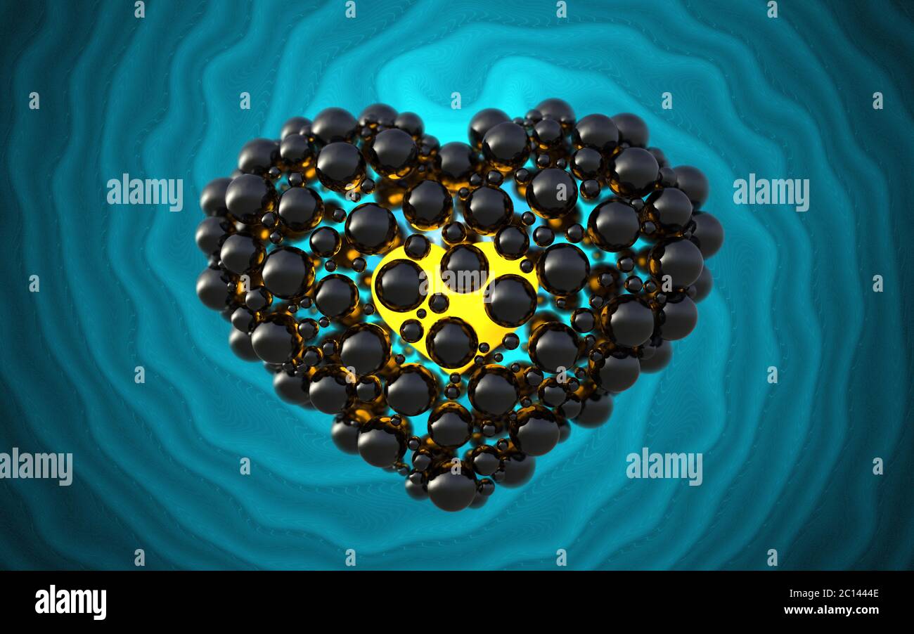 black heart made of spheres with reflections isolated on involute ...