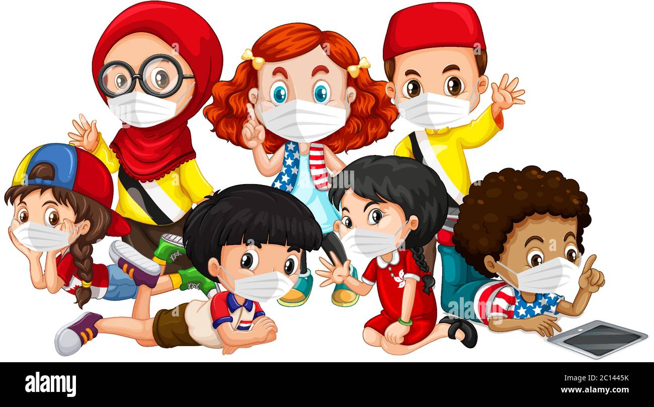 Multiple cultures kids wearing mask illustration Stock Vector Image ...