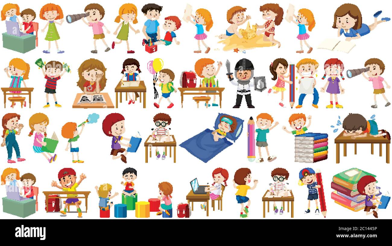 Set of cute kids cartoon character illustration Stock Vector Image ...