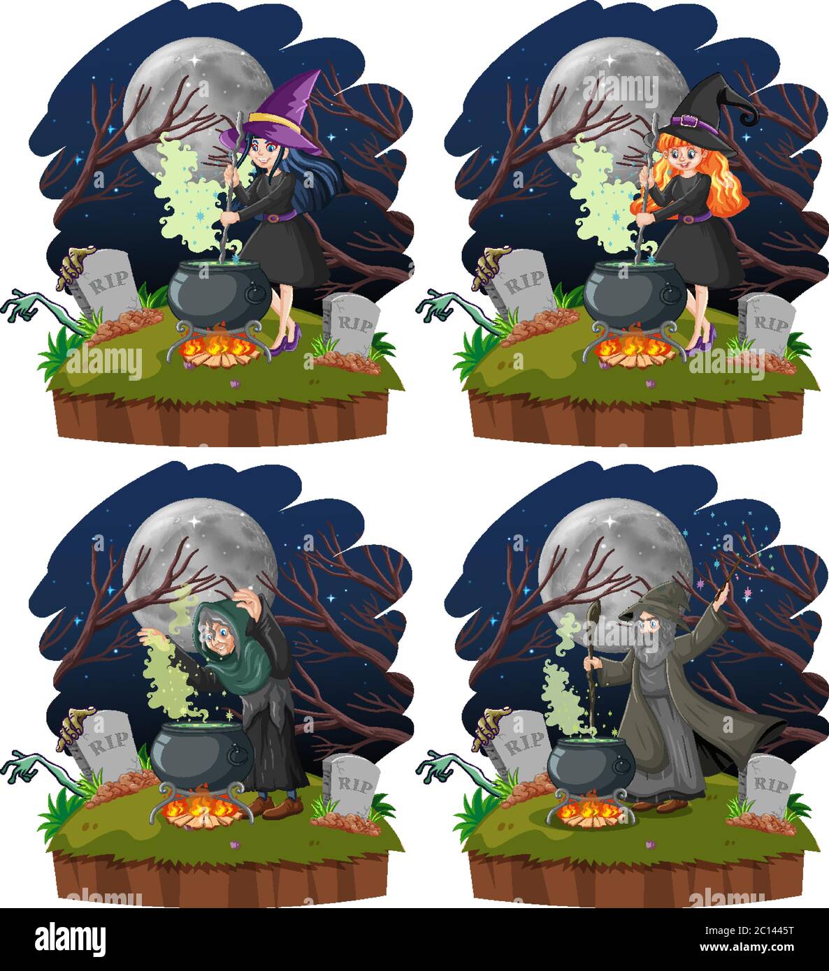 Set of witches with black magic pot cartoon style isolated on white ...