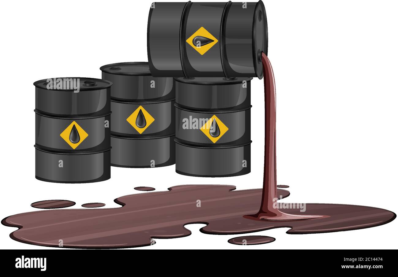 Black oil barrels with crude sign spill oil on the floor isolated on ...