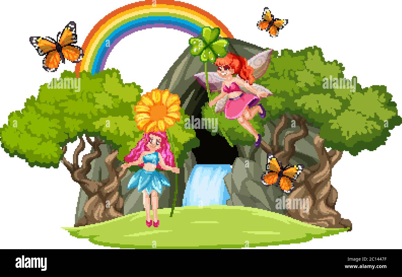 Fairy tales with waterfall cave and rainbow isolated on white ...