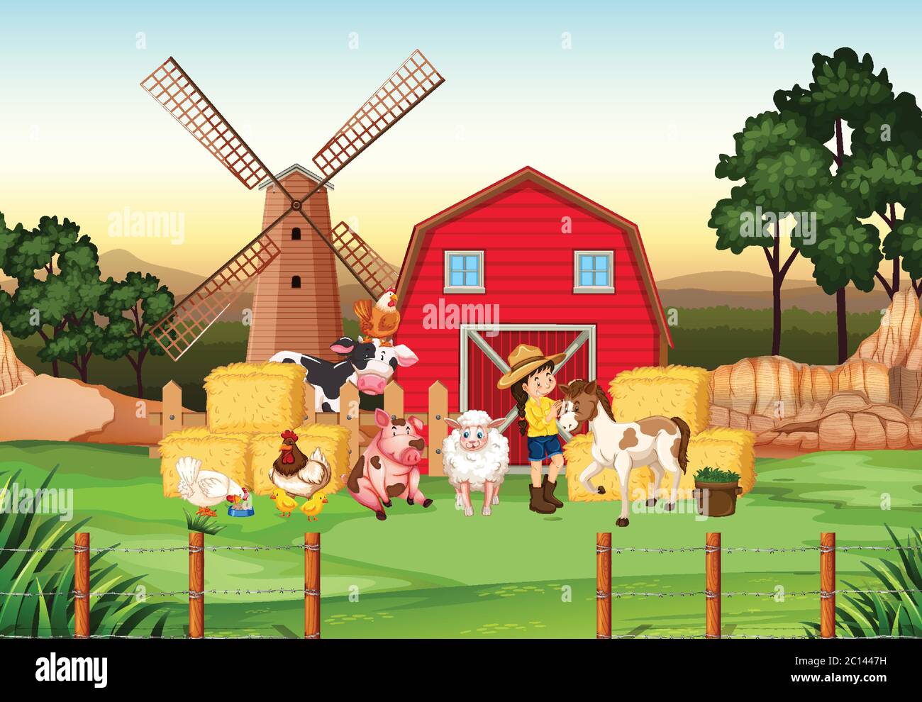 Farm scene with farmer and many animals on the farm illustration Stock ...